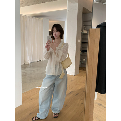 时尚木耳边V领宽松衬衫长袖