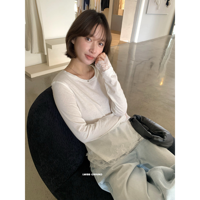 约圆领蕾丝拼接长袖T恤打底衫