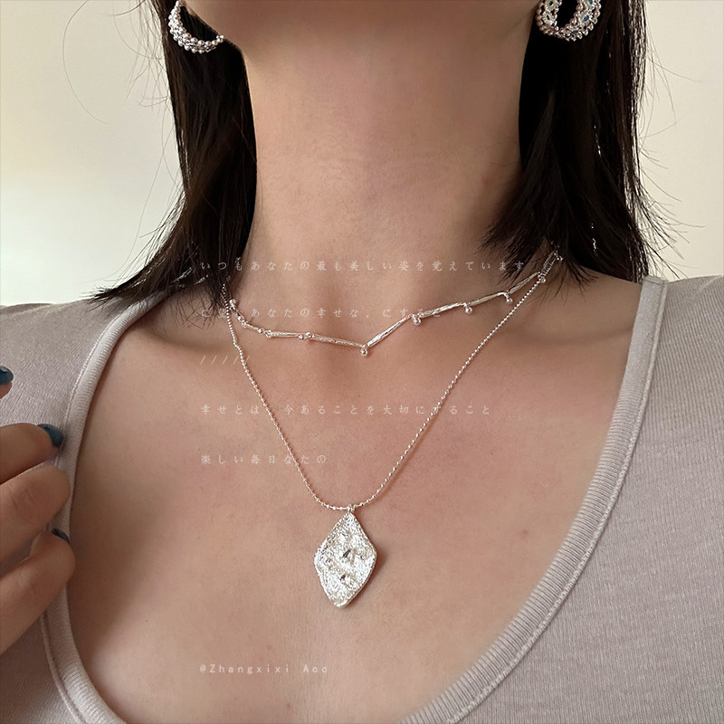 法式复古肌理菱形锆石吊坠双层叠戴项链女轻奢潮流时尚颈链锁骨链