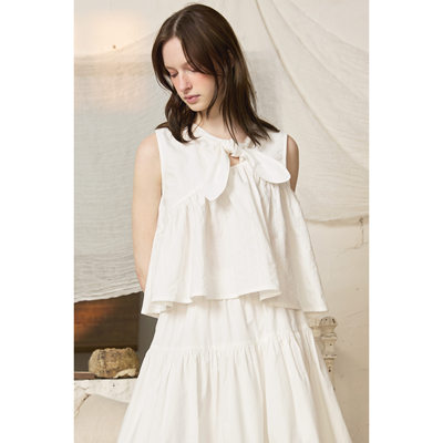 En blanc.ligne crème 原创设计白色条纹肌理系结短上衣