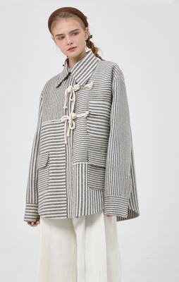 En blanc.原创设计羊毛双面呢灰白条纹拼接外套