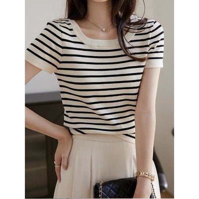 秋氺 衣人特价复古经典条纹方领针织T恤女夏简约高级感海军a0555