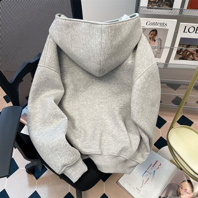 官方英国DHWA美式慵懒洋气减龄小猫咪开衫外套女秋冬加绒重磅连帽