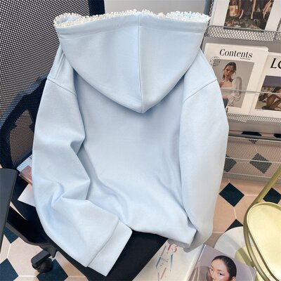 官方英国DHWA独特漂亮蕾丝边连帽卫衣女宽松慵懒风奶蓝色纽扣开衫