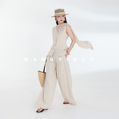 MD依诺【自在随性】2026夏季简约风宽松拼接飘带马甲背心裤子套装