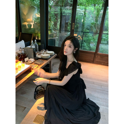 Norain不下雨【6/30 20:00新款】黑色法式方领雪纺荷叶边连衣裙