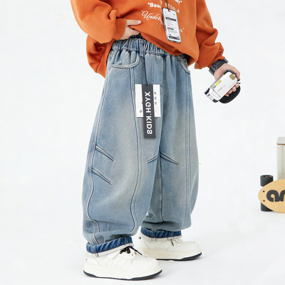 男童冬季加绒加厚宽松牛仔长裤