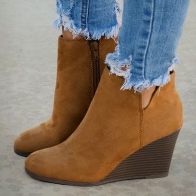 Flat bottomed wedge heel short boots for women 拉链大码靴