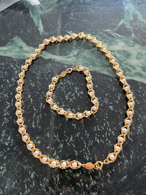 vintage中古napier金色链条珍珠项链手链 一套 80年代保存品