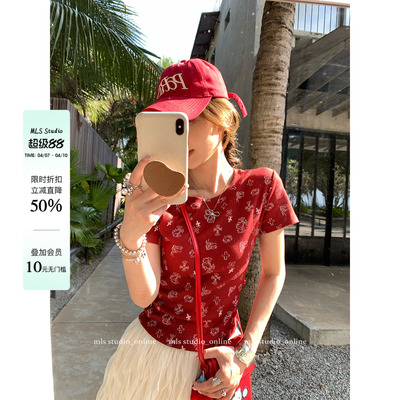 MLS 微醺百利甜 BM风辣妹印花正肩短袖T恤女夏季修身显瘦短款上衣