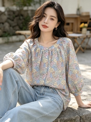 2026春夏款新品Liberty花色休闲百搭显瘦纯棉碎花上衣七分袖小衫