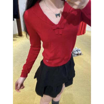 【zui高品质】shushu新年红羊毛打底衫立体蝴蝶结小翻领针织上衣