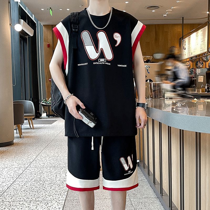 无袖休闲运动服套装男生夏季薄款大码青少年篮球服坎肩背心两件套