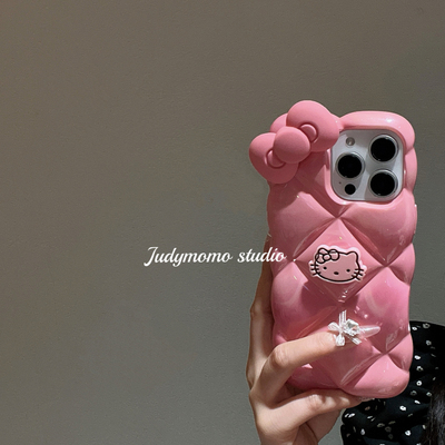 小众ins粉色菱格立体蝴蝶结KT壳