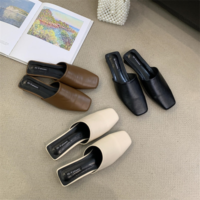 方头软皮半托单鞋包头半拖鞋女夏