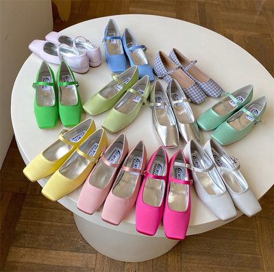 方头粗跟低跟一字扣带玛丽珍单鞋