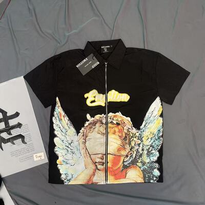 MIXED EMOTION街头字母蒙面天使印花短袖衬衫沙滩休闲短裤套装ins