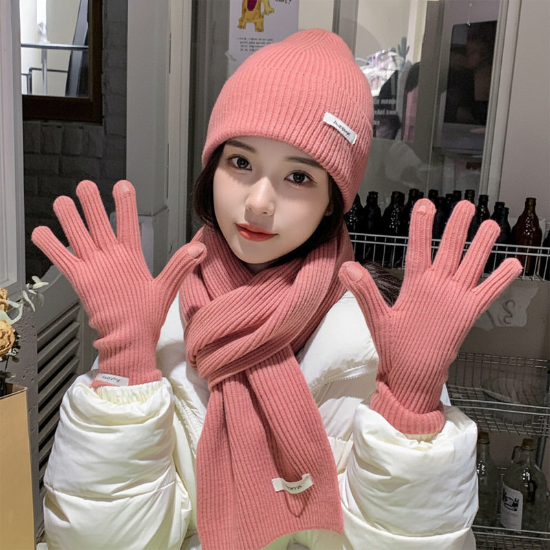 纯色针织毛线帽子围巾手套三件套秋冬仿羊绒红色保暖新年圣诞套装