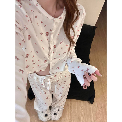 纯棉可爱HelloKitty睡衣女春秋带胸垫新款长袖吊带家居服三件套装