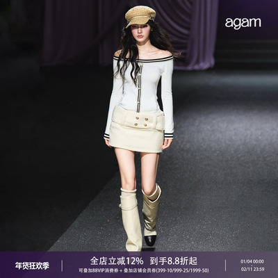 AGAM一字肩针织打底衫慵懒感上衣