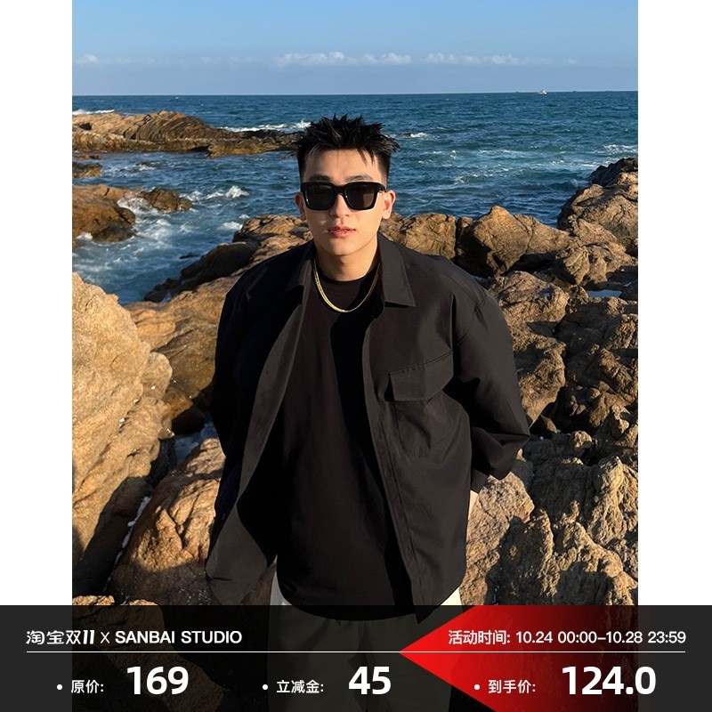 SANBAI叁佰2023秋季黑色工装衬衫男设计师款男士衬衣宽松外套潮_虎窝淘