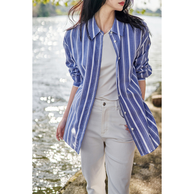 【CY0228249】“洒脱BF风 精品长绒棉”随性都市节奏条纹衬衫