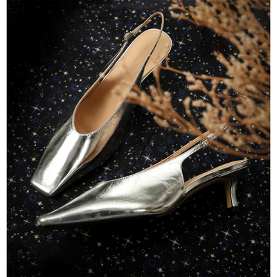 时髦法式【舒适牛皮/精致小猫跟/增高6CM】Slingback高跟鞋