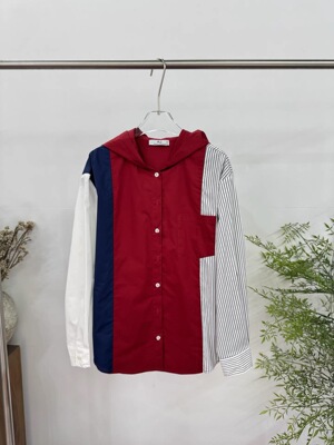 欧洲站2026早春时尚款连帽单排扣侧口袋拼色长袖衬衫 8061