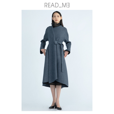 readme羊毛长款廓形腰带大衣