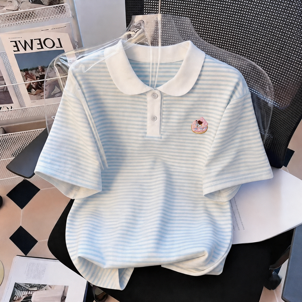2026夏季新款女童刺绣甜甜圈蓝白条纹POLO衫短袖中大童学院风上衣