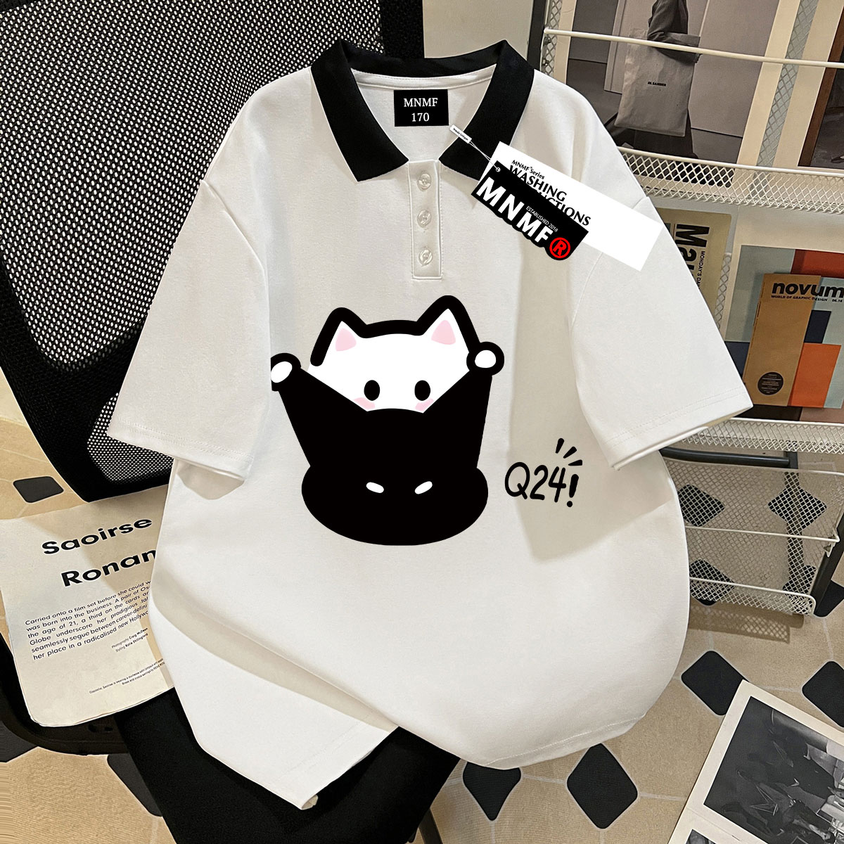 夏季新款可爱探头小猫印花男女童POLO衫短袖T恤校园风中大童上衣