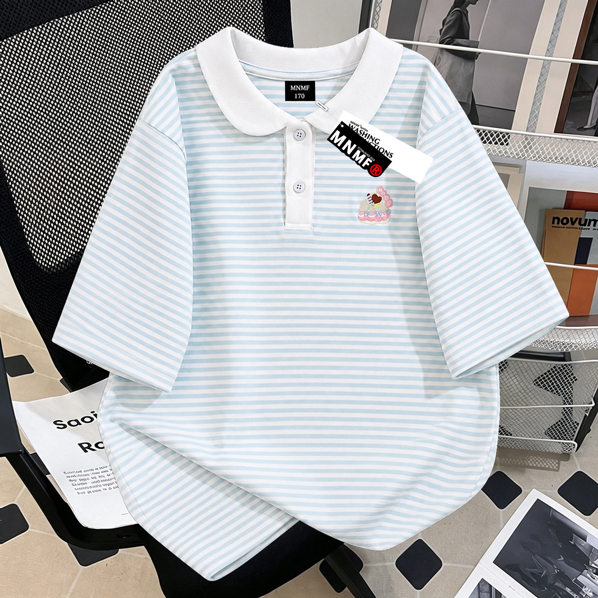 女童夏季新款刺绣甜甜圈蓝白条纹POLO衫短袖中大童休闲百搭上衣潮