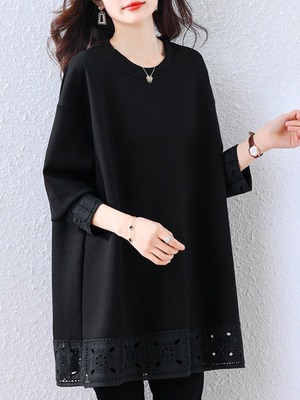 中长款蕾丝拼接打底T恤女春秋2025新款大码胖mm宽松遮肚显瘦上衣