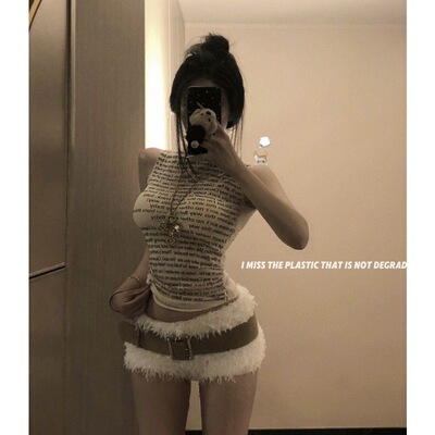 纯欲修身性感辣妹印花无袖上衣超短裙半身裙收腰显瘦气质甜酷套装