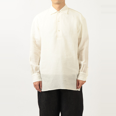 日本Cale纯麻纱水捻柔韧光泽立体皱折凉爽微宽松套头长袖衬衫白