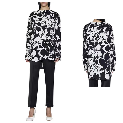 国内现货DRIES VAN NOTEN DVN黑白印花圆领复古长袖衬衫连衣裙