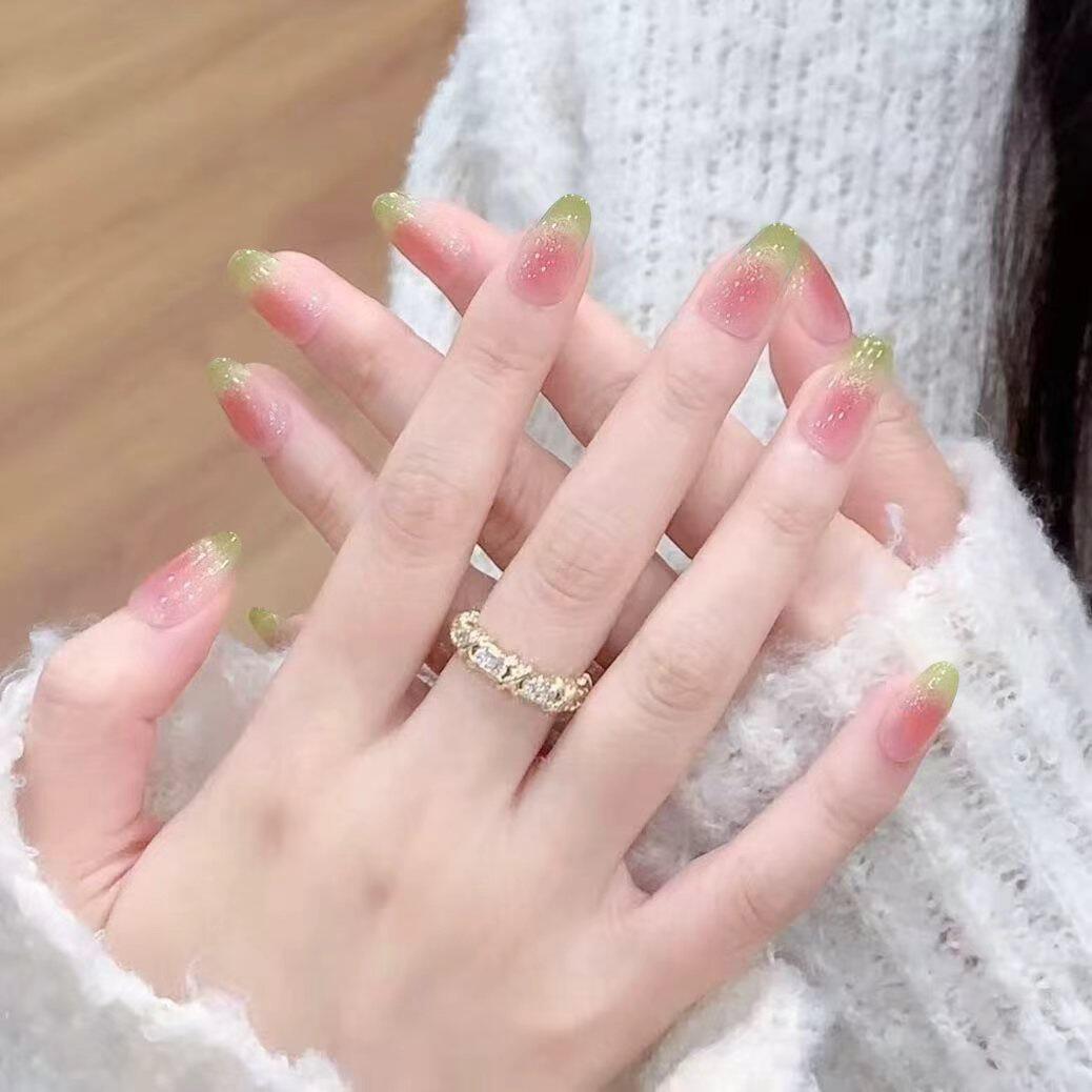芥末微笑芭乐法式猫眼美甲冰透渐变显白温柔高级穿戴甲甲片可拆卸