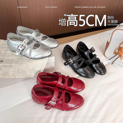韩版银色一字扣内增高玛丽珍鞋