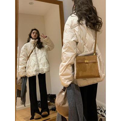 300斤大尺码胖mm日系菱格棉服外套女冬季百搭设计感保暖加厚棉衣