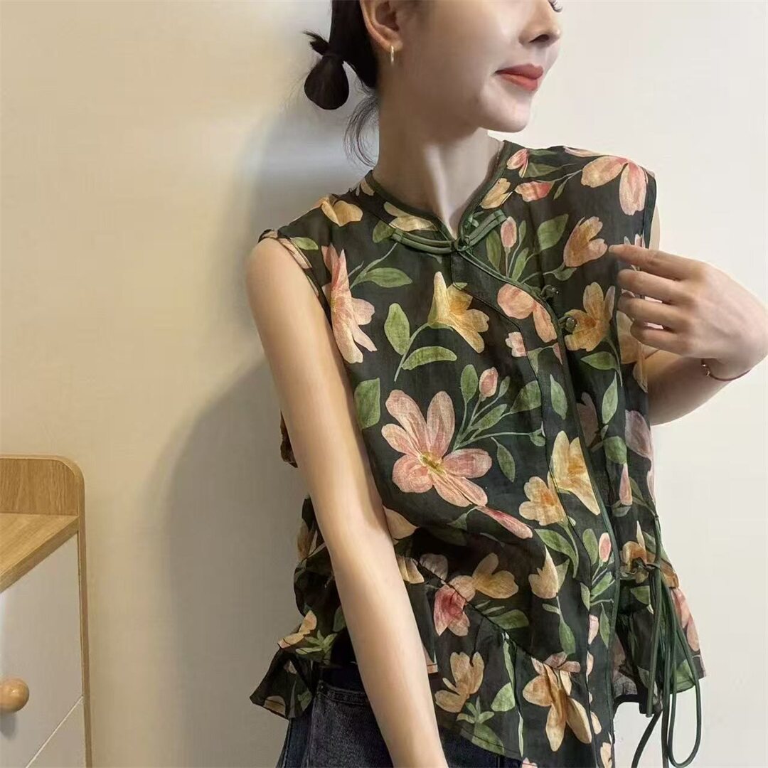 新中式立领无袖碎花上衣女2026夏季系带荷叶边显瘦减龄衬衫32597