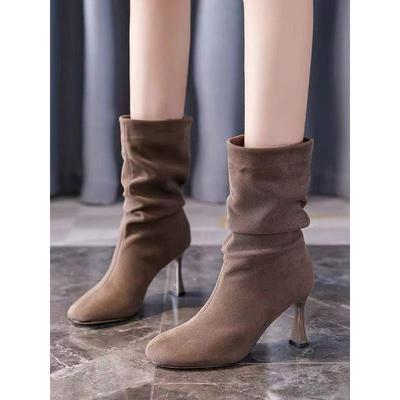 早春短靴细跟堆堆靴高跟鞋2026年冬风气质圆头中筒靴子0117k