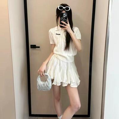漂亮韩系白色针织polo领短袖t恤女夏季新款感冰丝正肩上衣0519d