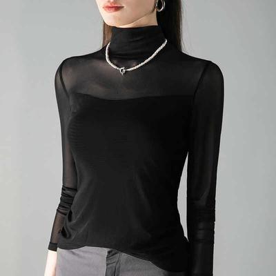 高领网纱打底衫女秋款长袖性感内搭薄沙t恤薄款微透黑纱蕾丝0101h