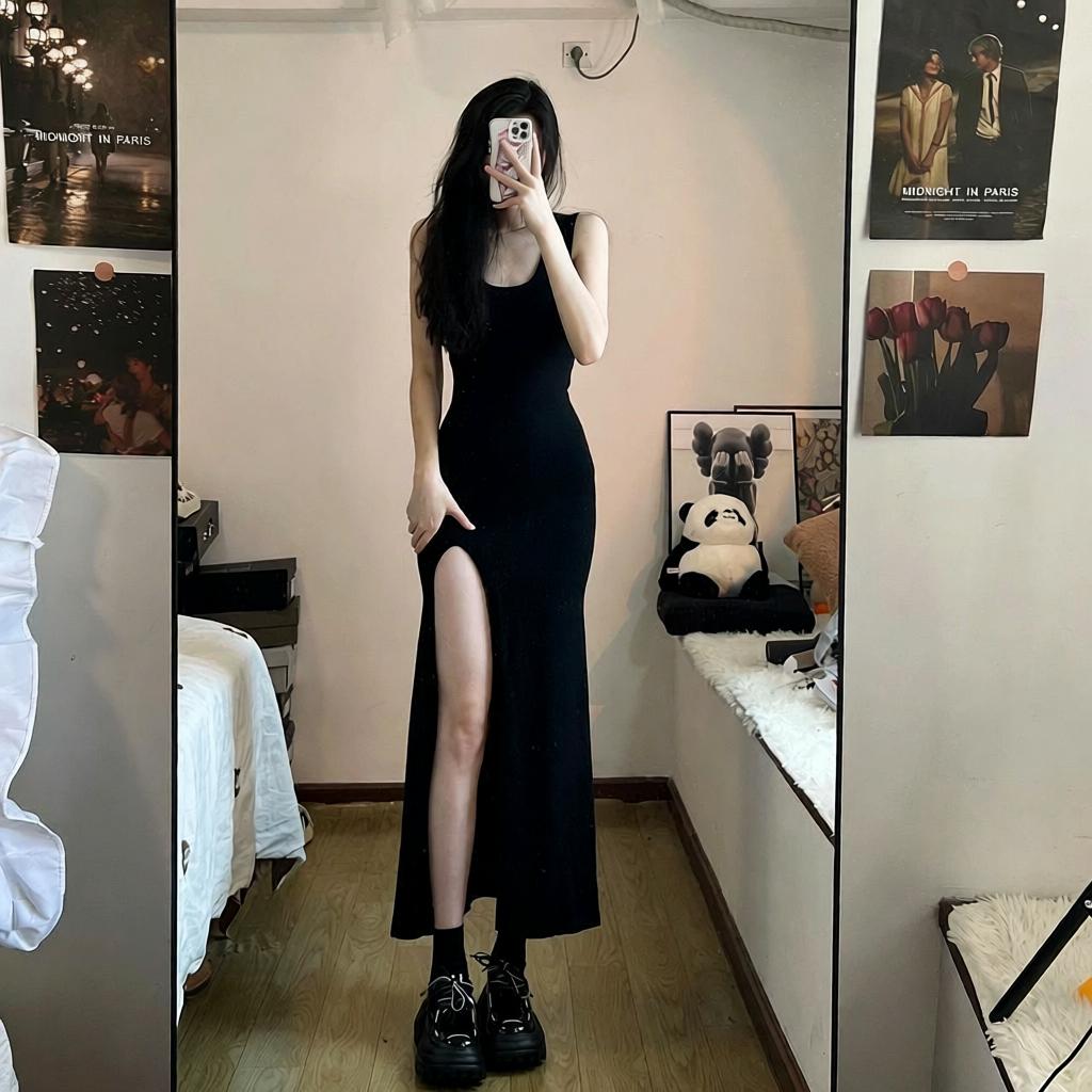 夏季性感吊带伪娘连衣裙气质修身纯欲开叉包臀女装大佬cosplay长