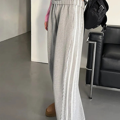 花边拼接织带松紧腰运动休闲卫裤