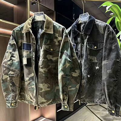 冬季潮牌男士翻领迷彩宽松棉服男水洗刺绣夹棉外套重工夹克棉衣男