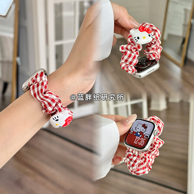 日系可爱kt格子大肠发圈表带适用苹果applewatchs10代s98se/Ultra