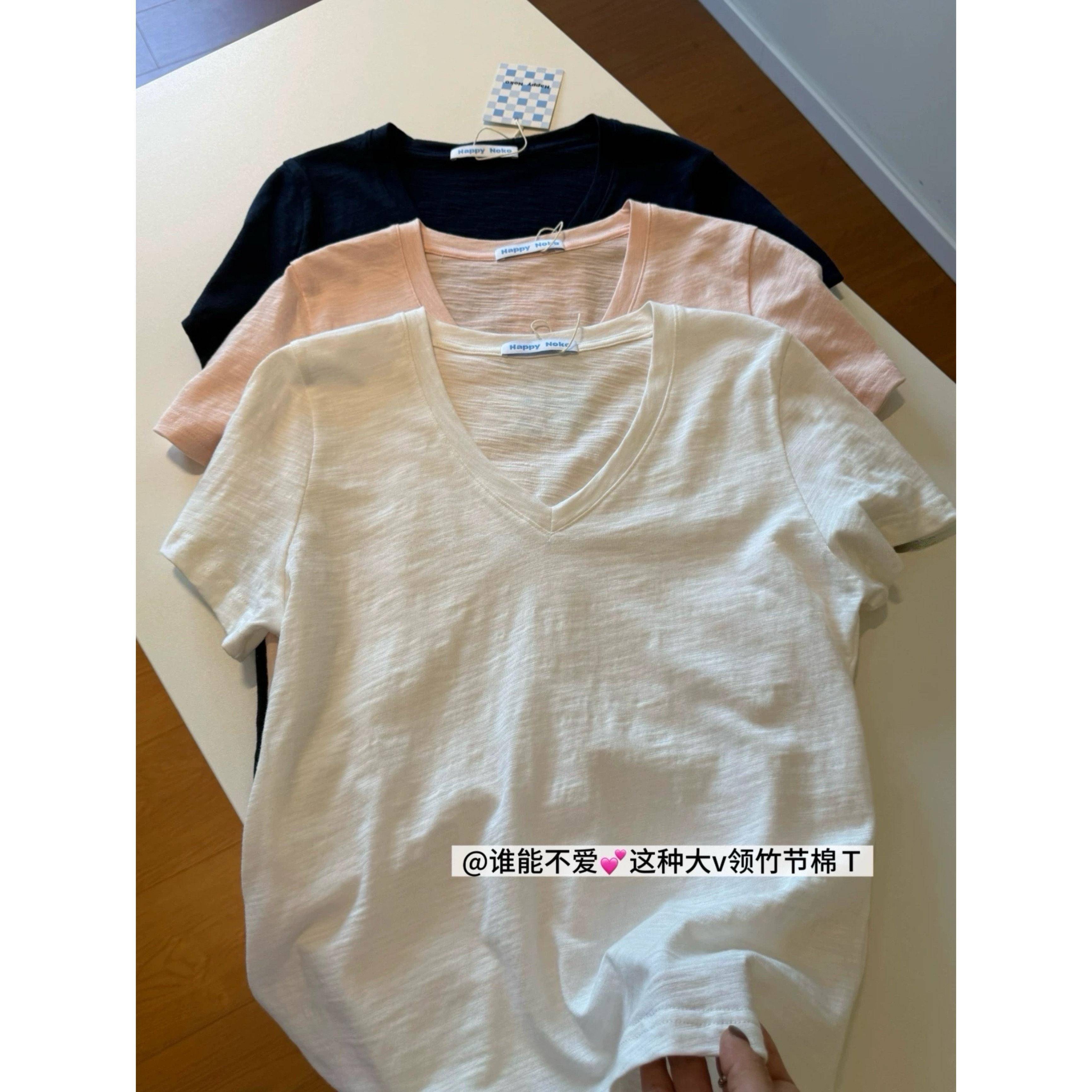 竹节棉V领正肩显瘦短袖t恤女2026夏季新款宽松薄款韩系松弛感上衣