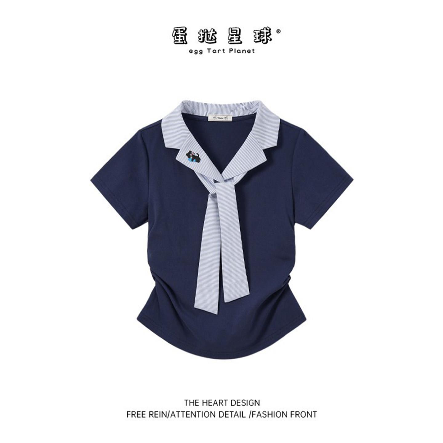 藏青色polo衫女短袖t恤夏季2026新款设计感绑带修身显瘦短款上衣