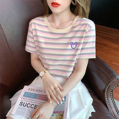 短袖上衣彩虹条纹t恤女